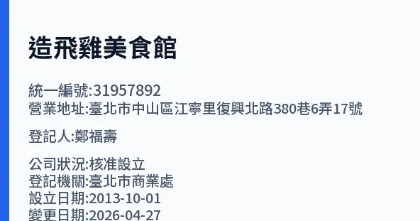 造飛雞美食館的照片-統編 31957892(臺北市) 公司登記資料與營業項目詳細圖表