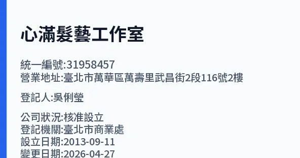 心滿髮藝工作室的照片-統編 31958457(臺北市) 公司登記資料與營業項目詳細圖表