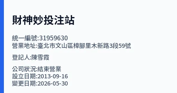 財神妙投注站的照片-統編 31959630(臺北市) 公司登記資料與營業項目詳細圖表