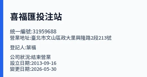喜福匯投注站的照片-統編 31959688(臺北市) 公司登記資料與營業項目詳細圖表