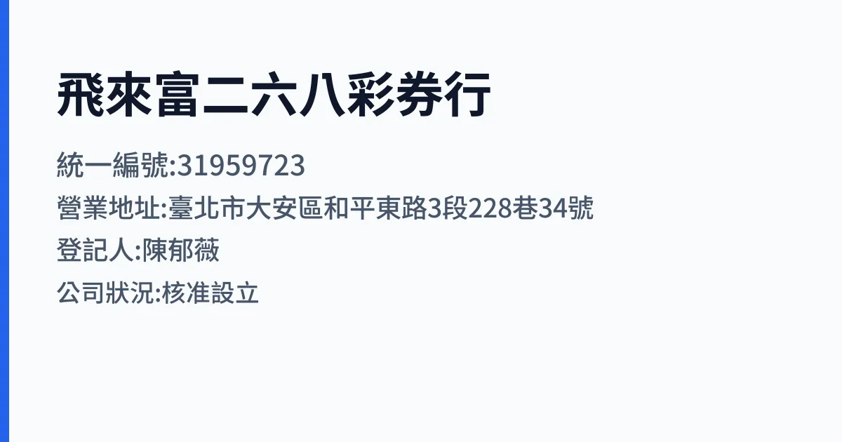 飛來富二六八彩券行 - 統編 31959723(臺北市) 公司登記資料與營業項目詳細圖表
