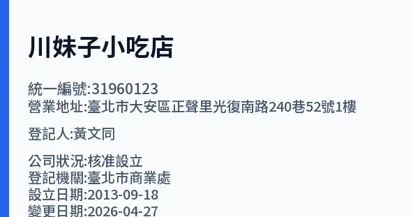 川妹子小吃店的照片-統編 31960123(臺北市) 公司登記資料與營業項目詳細圖表