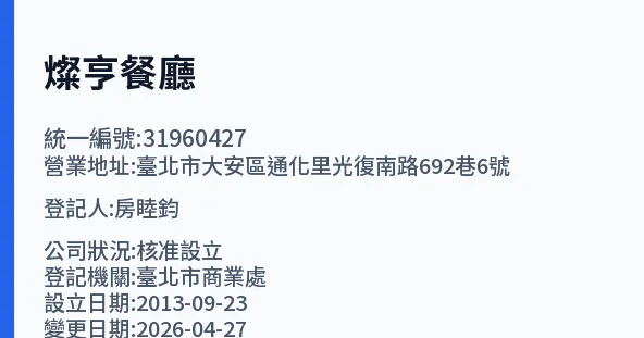 燦亨餐廳的照片-統編 31960427(臺北市) 公司登記資料與營業項目詳細圖表