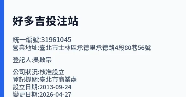 好多吉投注站的照片-統編 31961045(臺北市) 公司登記資料與營業項目詳細圖表