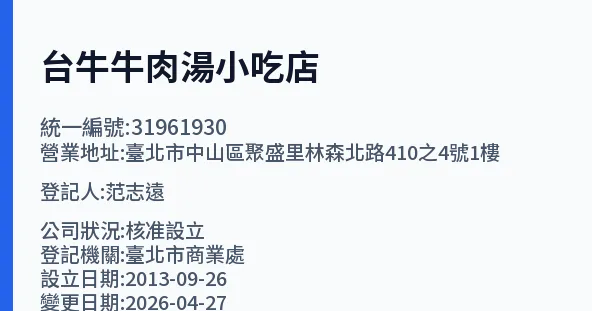 台牛牛肉湯小吃店的照片-統編 31961930(臺北市) 公司登記資料與營業項目詳細圖表