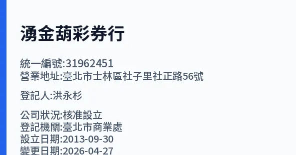 湧金葫彩券行的照片-統編 31962451(臺北市) 公司登記資料與營業項目詳細圖表