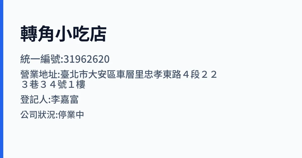 轉角小吃店 - 統編 31962620(臺北市) 公司登記資料與營業項目詳細圖表