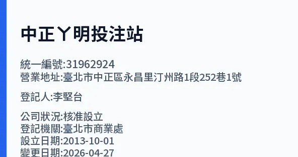 中正ㄚ明投注站的照片-統編 31962924(臺北市) 公司登記資料與營業項目詳細圖表