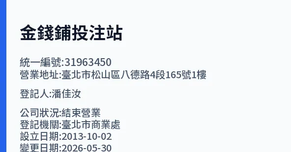 金錢鋪投注站的照片-統編 31963450(臺北市) 公司登記資料與營業項目詳細圖表