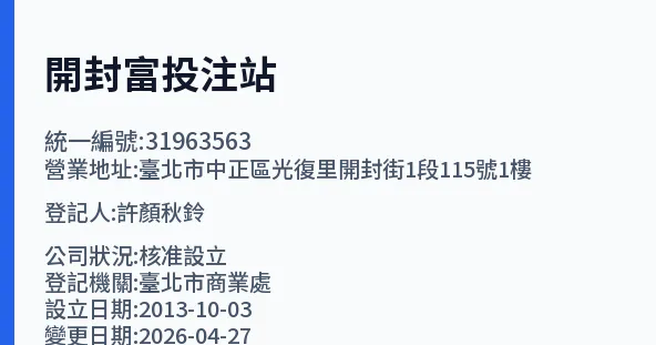 開封富投注站的照片-統編 31963563(臺北市) 公司登記資料與營業項目詳細圖表