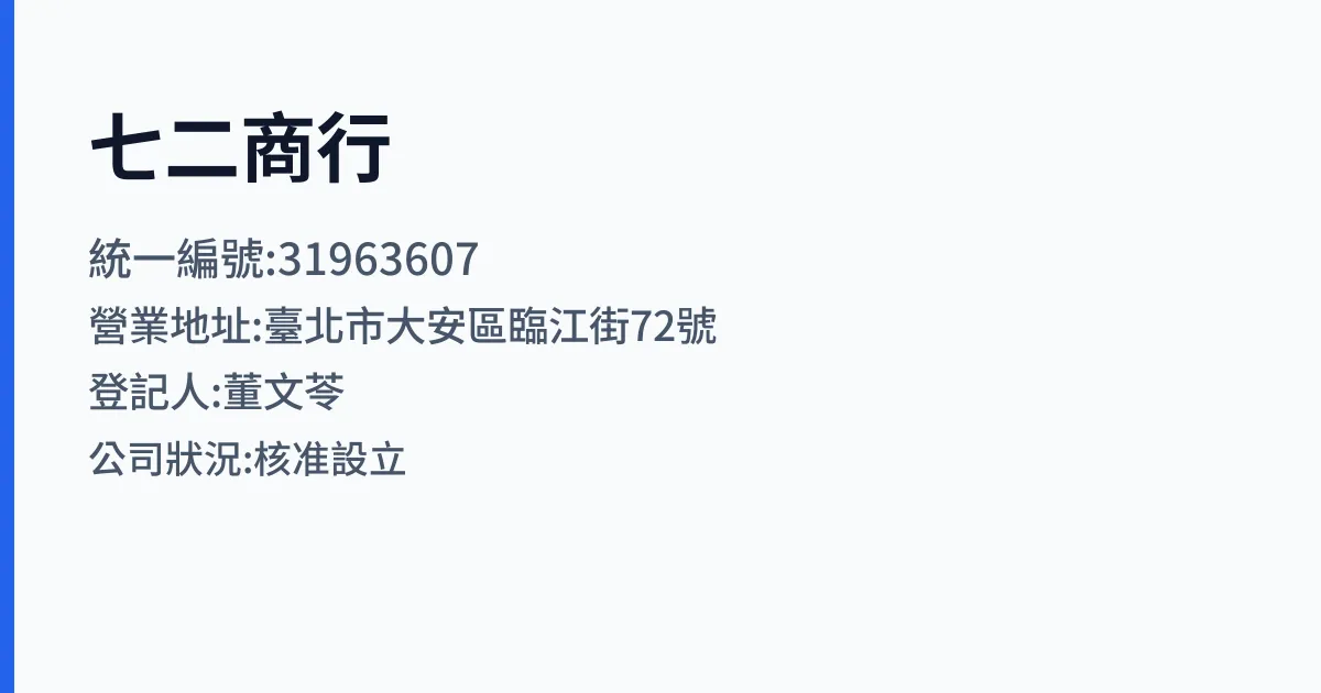 七二商行 - 統編 31963607(臺北市) 公司登記資料與營業項目詳細圖表