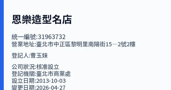 恩樂造型名店的照片-統編 31963732(臺北市) 公司登記資料與營業項目詳細圖表