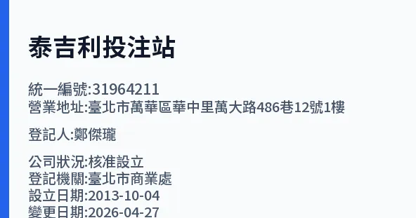 泰吉利投注站的照片-統編 31964211(臺北市) 公司登記資料與營業項目詳細圖表