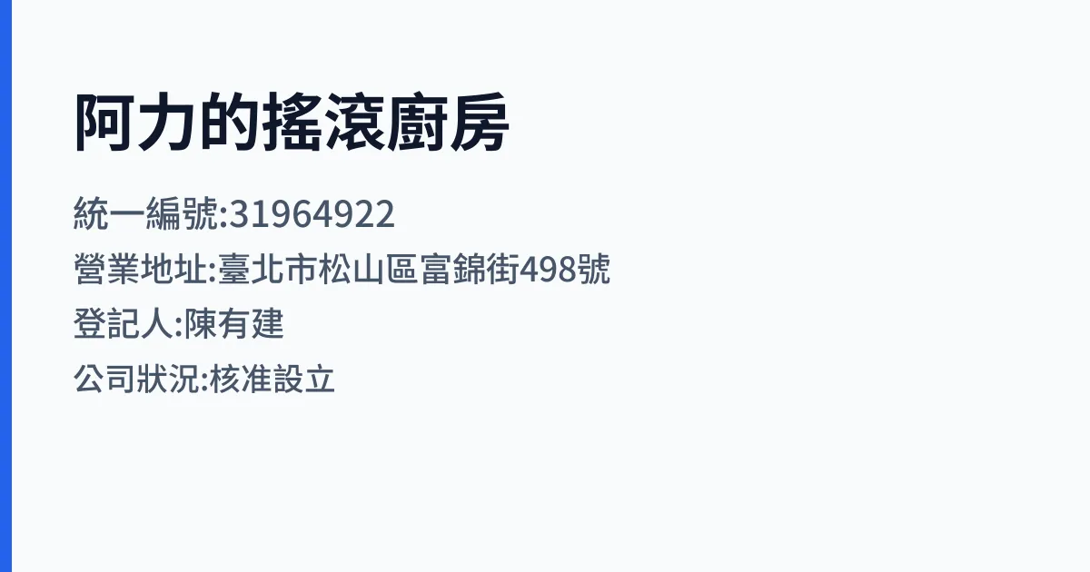 阿力的搖滾廚房 - 統編 31964922(臺北市) 公司登記資料與營業項目詳細圖表