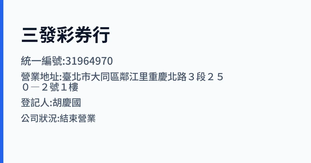 三發彩券行 - 統編 31964970(臺北市) 公司登記資料與營業項目詳細圖表