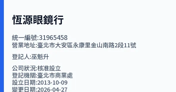 恆源眼鏡行的照片-統編 31965458(臺北市) 公司登記資料與營業項目詳細圖表