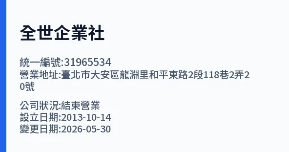 全世企業社的照片-統編 31965534(臺北市) 公司登記資料與營業項目詳細圖表