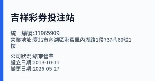 吉祥彩券投注站的照片-統編 31965909(臺北市) 公司登記資料與營業項目詳細圖表