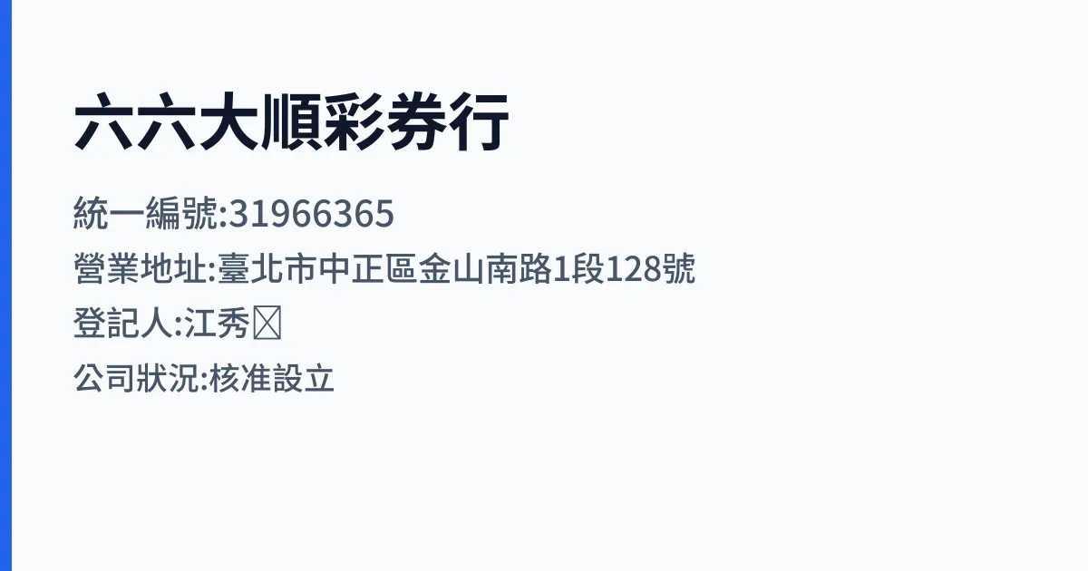 六六大順彩券行 - 統編 31966365(臺北市) 公司登記資料與營業項目詳細圖表