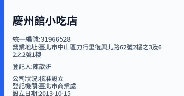 慶州館小吃店的照片-統編 31966528(臺北市) 公司登記資料與營業項目詳細圖表