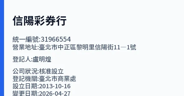 信陽彩券行的照片-統編 31966554(臺北市) 公司登記資料與營業項目詳細圖表