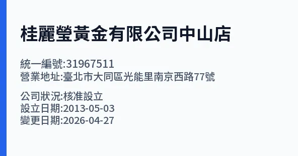 桂麗瑩黃金有限公司中山店的照片-統編 31967511(臺北市) 公司登記資料與營業項目詳細圖表