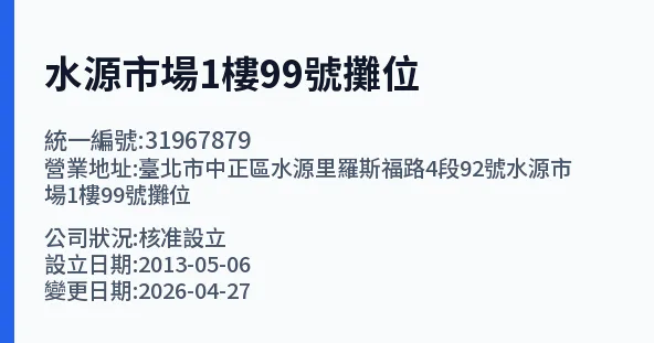 水源市場1樓99號攤位的照片-統編 31967879(臺北市) 公司登記資料與營業項目詳細圖表