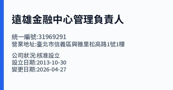 遠雄金融中心管理負責人的照片-統編 31969291(臺北市) 公司登記資料與營業項目詳細圖表