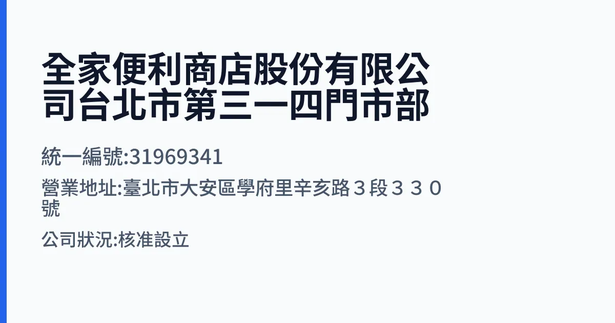 全家便利商店股份有限公司台北市第三一四門市部 - 統編 31969341(臺北市) 公司登記資料與營業項目詳細圖表