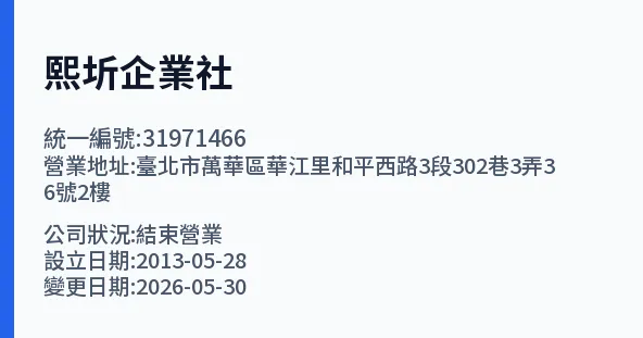 熙圻企業社的照片-統編 31971466(臺北市) 公司登記資料與營業項目詳細圖表