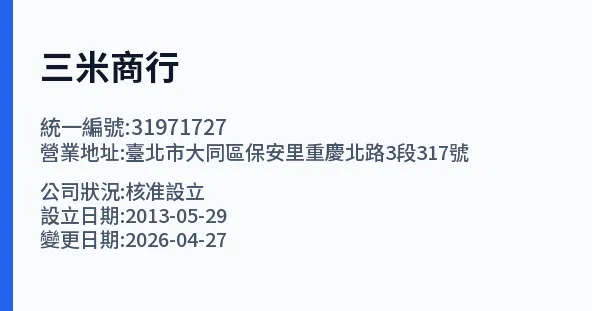 三米商行的照片-統編 31971727(臺北市) 公司登記資料與營業項目詳細圖表