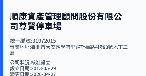 順康資產管理顧問股份有限公司尊賢停車場的照片-統編 31972015(臺北市) 公司登記資料與營業項目詳細圖表