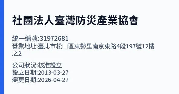 社團法人臺灣防災產業協會的照片-統編 31972681(臺北市) 公司登記資料與營業項目詳細圖表