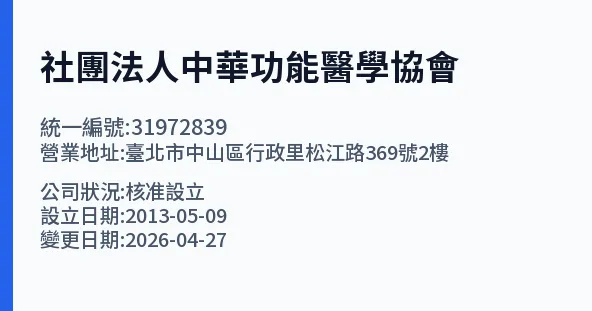 社團法人中華功能醫學協會的照片-統編 31972839(臺北市) 公司登記資料與營業項目詳細圖表