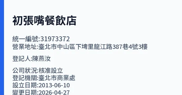 初張嘴餐飲店的照片-統編 31973372(臺北市) 公司登記資料與營業項目詳細圖表
