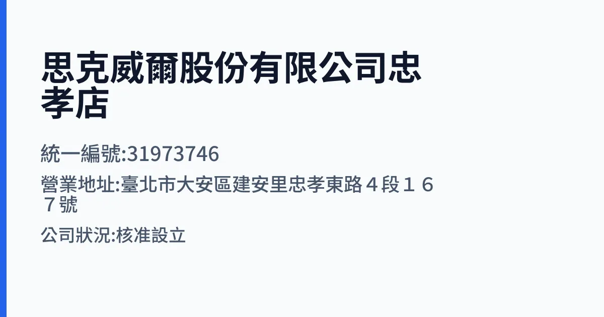 思克威爾股份有限公司忠孝店 - 統編 31973746(臺北市) 公司登記資料與營業項目詳細圖表