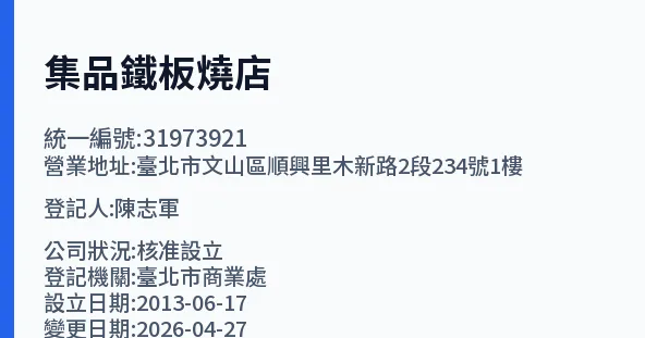 集品鐵板燒店的照片-統編 31973921(臺北市) 公司登記資料與營業項目詳細圖表