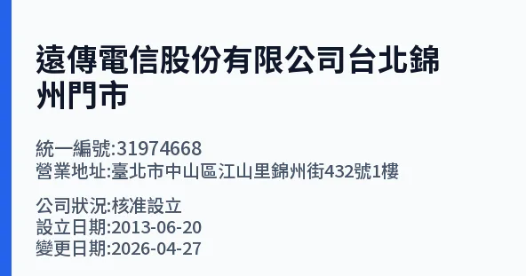遠傳電信股份有限公司台北錦州門市的照片-統編 31974668(臺北市) 公司登記資料與營業項目詳細圖表