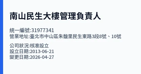 南山民生大樓管理負責人的照片-統編 31977341(臺北市) 公司登記資料與營業項目詳細圖表