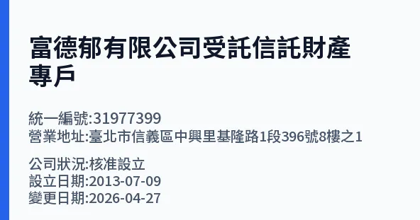 富德郁有限公司受託信託財產專戶的照片-統編 31977399(臺北市) 公司登記資料與營業項目詳細圖表