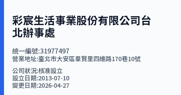 彩宸生活事業股份有限公司台北辦事處的照片-統編 31977497(臺北市) 公司登記資料與營業項目詳細圖表