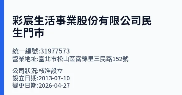 彩宸生活事業股份有限公司民生門市的照片-統編 31977573(臺北市) 公司登記資料與營業項目詳細圖表