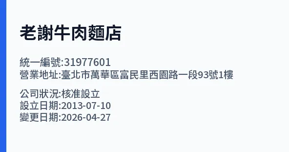老謝牛肉麵店的照片-統編 31977601(臺北市) 公司登記資料與營業項目詳細圖表