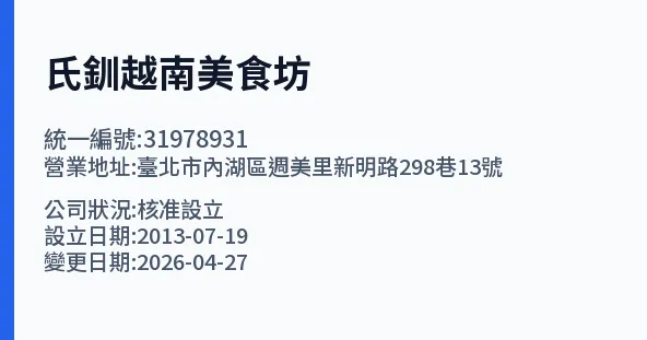 氏釧越南美食坊的照片-統編 31978931(臺北市) 公司登記資料與營業項目詳細圖表