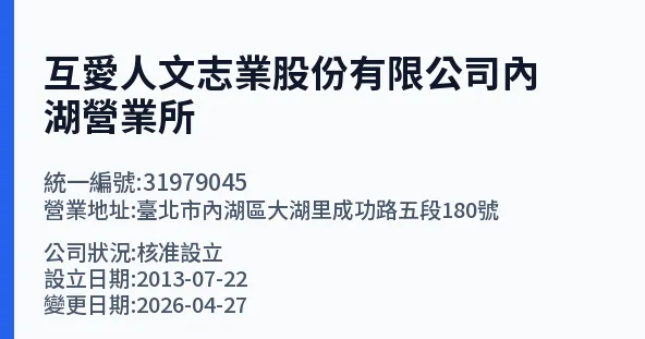 互愛人文志業股份有限公司內湖營業所的照片-統編 31979045(臺北市) 公司登記資料與營業項目詳細圖表