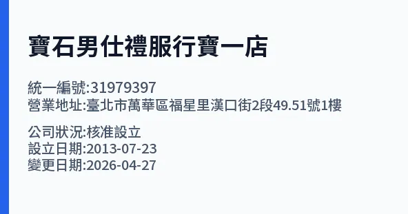 寶石男仕禮服行寶一店的照片-統編 31979397(臺北市) 公司登記資料與營業項目詳細圖表