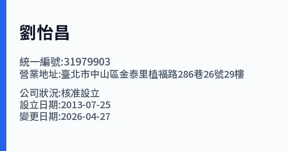 劉怡昌的照片-統編 31979903(臺北市) 公司登記資料與營業項目詳細圖表