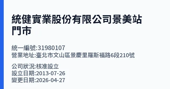統健實業股份有限公司景美站門市的照片-統編 31980107(臺北市) 公司登記資料與營業項目詳細圖表