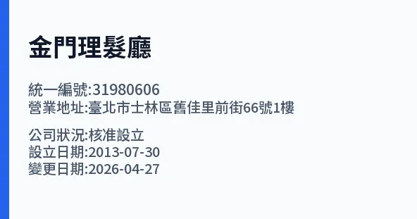 金門理髮廳的照片-統編 31980606(臺北市) 公司登記資料與營業項目詳細圖表