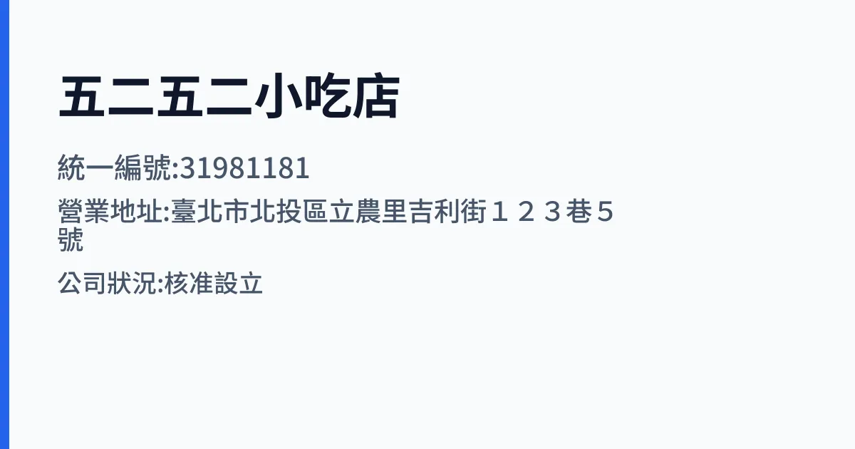 五二五二小吃店 - 統編 31981181(臺北市) 公司登記資料與營業項目詳細圖表